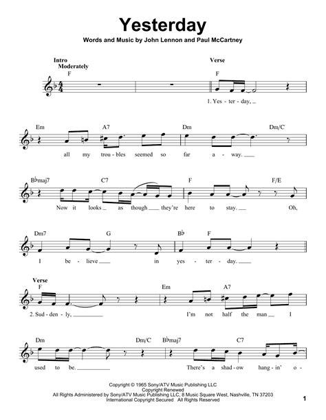 The Beatles Yesterday Sheet Music Notes Sheet Music T