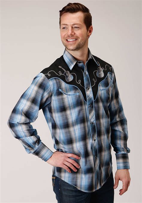 Roper Mens Blue Guitar Plaid Western Snap Shirt