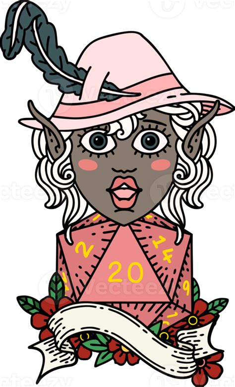 Retro Tattoo Style Elf Bard With Natural Twenty Dice Roll 45241954 Png