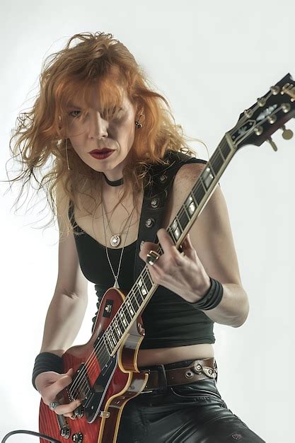 Redhead Female Guitarist Playing Electric Guitar Premium Ai Generated