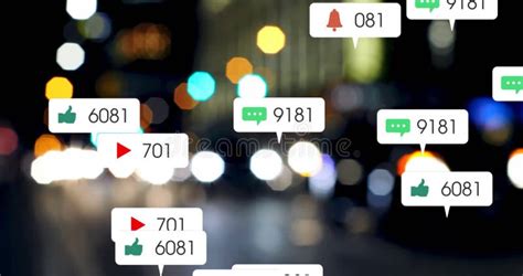 Social Media Notifications Animation Over Blurred City Lights At Night