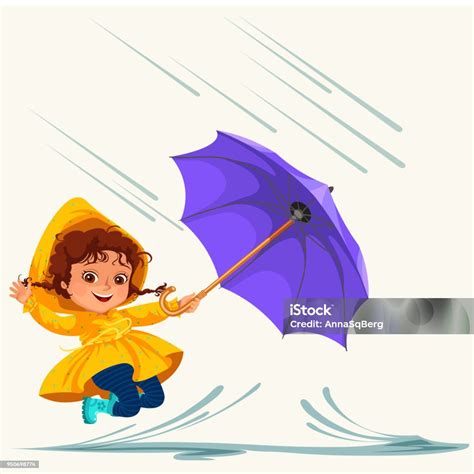 어린이 우산으로 하늘 비가 밑 방울 비는 떨어지는 웅덩이에 비가 소년 또는 소녀 물 벡터 일러스트 레이 션을 통해 점프 방수 자 켓과 고무 부츠 가을에 대한 스톡 벡터 아트