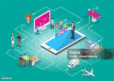 다양 한 현대 장치 및 녹색 배경 벡터 일러스트 레이 션에 고립 된 의료 절차와 함께 디지털 건강 의료 아이소메트릭 Infographics 0명에 대한 스톡 벡터 아트 및