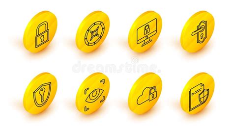 Set Line Document Protection Concept Cloud Computing Lock Eye Scan Shield With Key Door