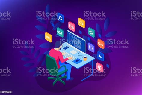 아이소메트릭 프로그래밍 및 코딩 기술 개발입니다 웹사이트 디자인입니다 벡터 일러스트 레이 션 Java 프로그래밍 언어에 대한