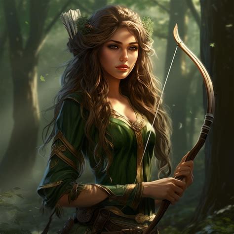 Premium AI Image Enchanting Forest Nymph Graceful Female Elf With A Bow Amidst Verdant Green