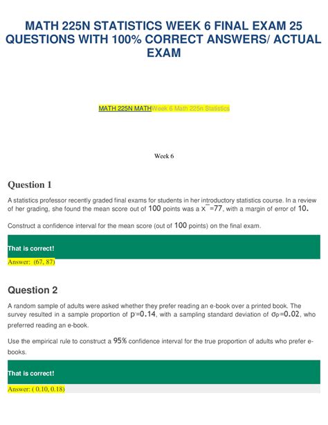 math 225n statistics week 6 final exam 25 questions with 100 correct