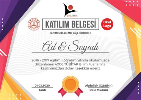 Tübitak Bilim Fuarı Katılım Belgesi