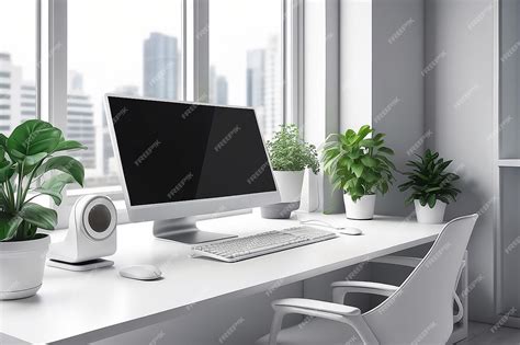 Modern Workplace With A Blank Computer Monitor Keyboard And Mouse In Front Of The Window Plant