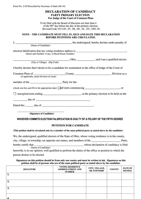 Form 2 Gj Declaration Of Candidacy Party Primary Election 2010