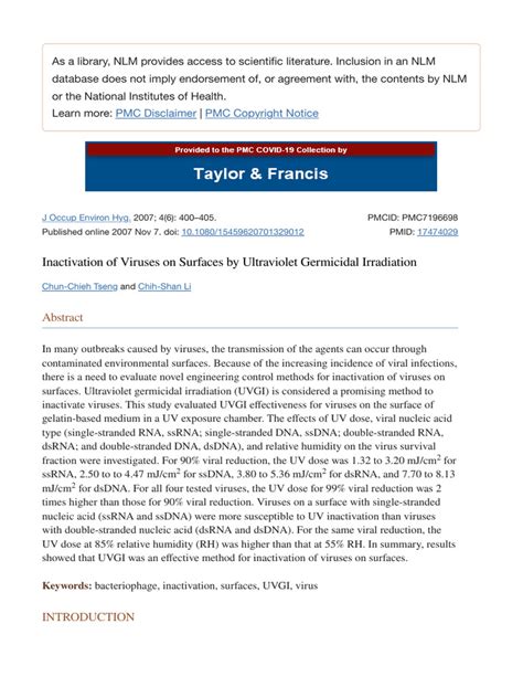 Ultraviolet Germicidal Irradiat Pdf Virus Virology
