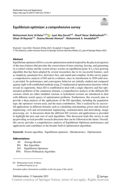Equilibrium Optimizer A Comprehensive Survey Request PDF