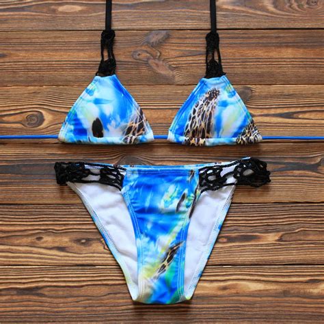 2016 Ladies Leopard Gradient Printing Bikini Lace Crochet Bikini Set