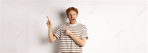 Redhead Guy Checks Out Deal Points Right Smiles Photo Background And
