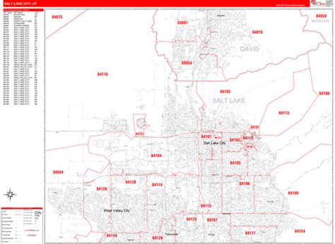 Salt Lake City Utah Zip Code Wall Map Red Line Style By Marketmaps