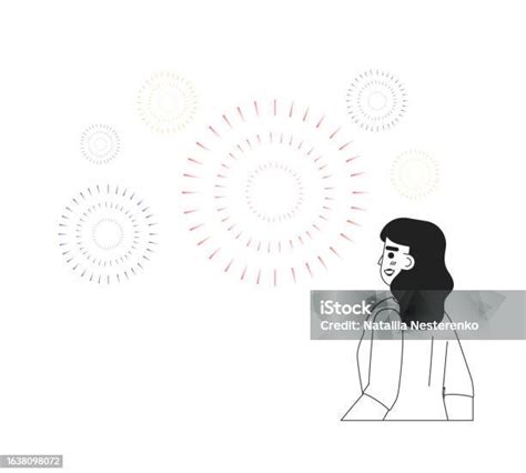 불꽃놀이 단색 플랫 벡터 문자를 보고 있는 젊은 인도 여성 2차 도형에 대한 스톡 벡터 아트 및 기타 이미지 2차 도형