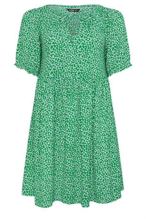 Yours Plus Size Green Ditsy Floral Print Textured Smock Dress Yours