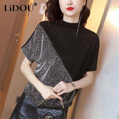 여성용 오버사이즈 레오파드 패치워크 스팽글 티셔츠 반팔 루즈한 올매치 풀오버 티 캐주얼 패션 여름 신상 Aliexpress