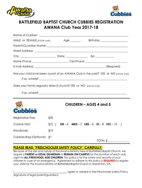 Fillable Online Battlefield Baptist Church Cubbies Registration Fax Email Print Pdffiller