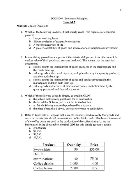 Tutorial 7 Question 1 Eco10004economic Principles Tutorial 7 Multiple Choice Questions Which