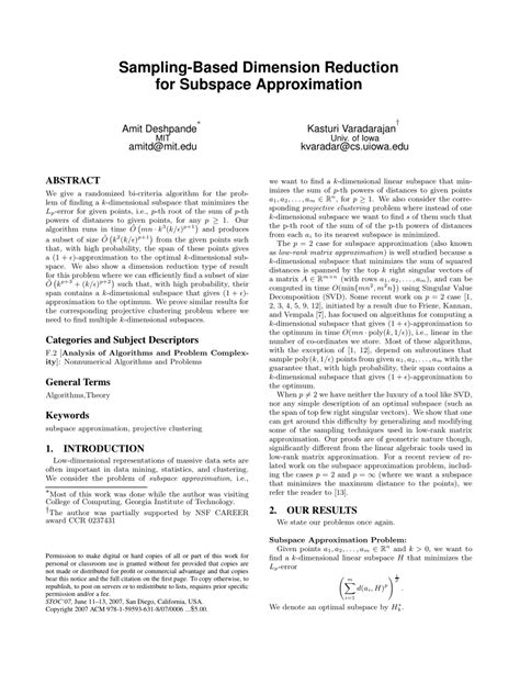pdf sampling based dimension reduction for subspace approximation