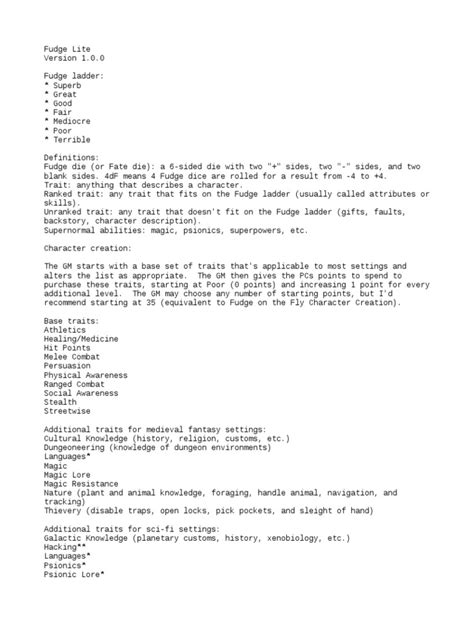 Fudge Lite Rpg Pdf Role Playing Games Leisure