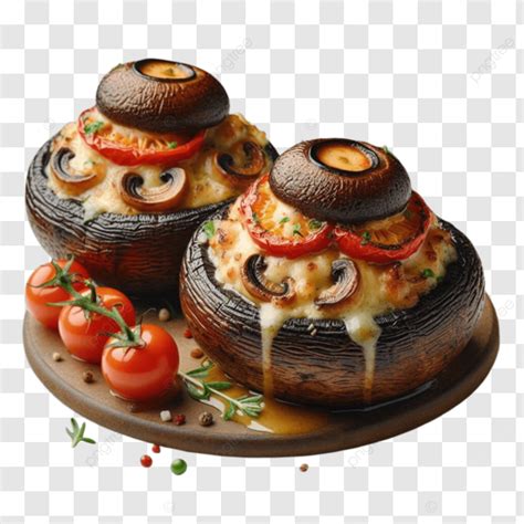 검은 접시 나무 배경에 치즈와 허브로 채워진 3d 구운 버섯 치즈와 허브로 채워진 3d 구운 버섯 검은 접시 나무 배경에 음식 Png 일러스트 및 이미지 에 대한 무료