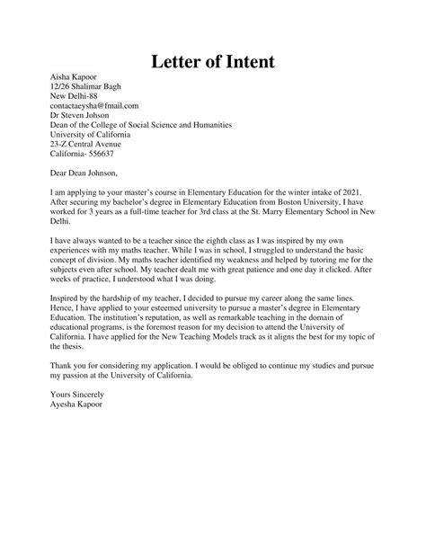 Free Printable Letter Of Intent For Graduate School Templates Word Pdf