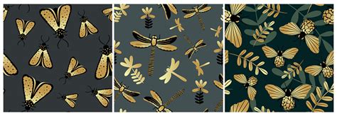 금색과 검은 나비와 잠자리가 어두운 배경에 매끄러운 패턴으로 설정하십시오 직물 섬유 의류 기모노 남성 셔츠 포장 벽지 디자인을위한 벡터 일러스트 레이 션 0명에 대한 스톡