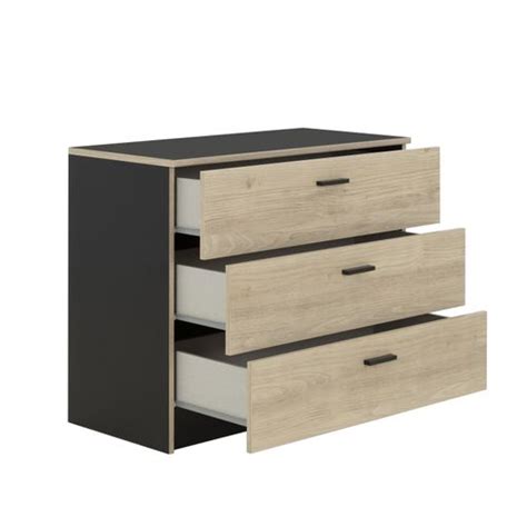 Commode 3 tiroirs TONIGHT style industriel imitation chêne et noir