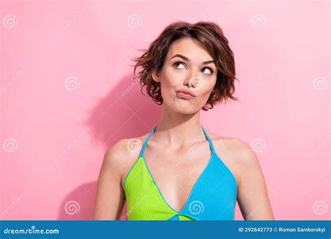 Photo Of Doubtful Unsure Girl Dressed Blue Green Singlet Looking Empty