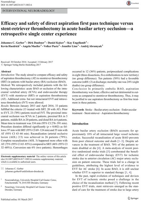 BAO Thrombectomy Aspiration vs ST Gerber 2017 Neuroradiology 脑医汇