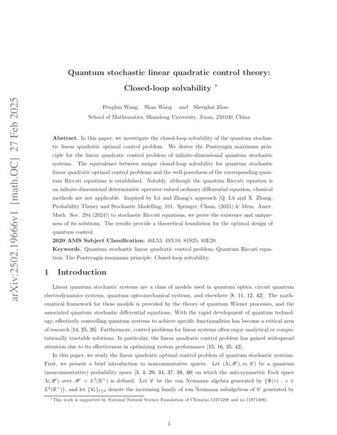 Pdf Quantum Stochastic Linear Quadratic Control Theory Closed Loop Solvability