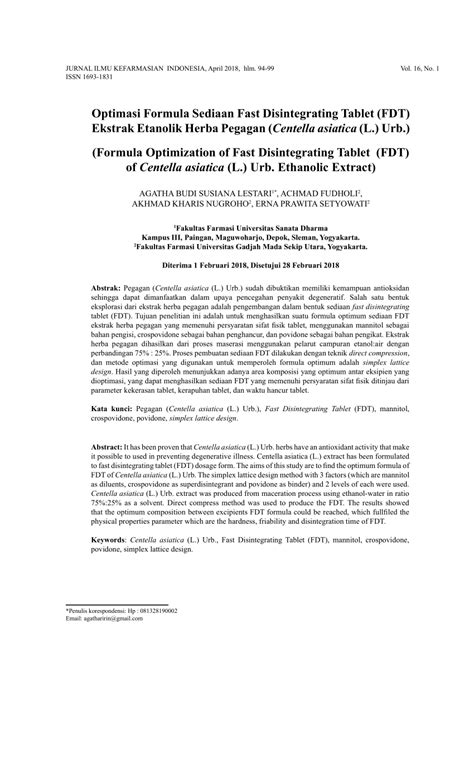 Pdf Formula Optimization Of Fast Disintegrating Tablet Fdt Of Centella Asiatica L Urb