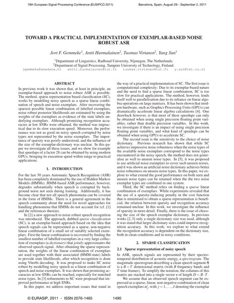 Pdf Toward A Practical Implementation Of Exemplar Based Noise Robust Asr
