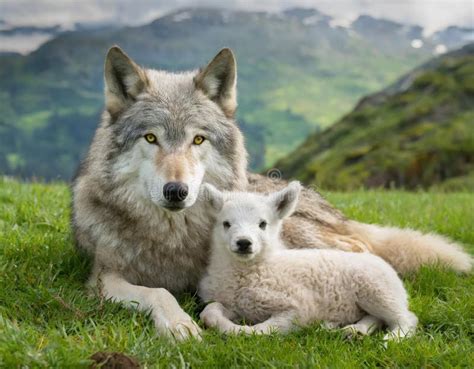the wolf lying with the lamb generated with ai stock illustration