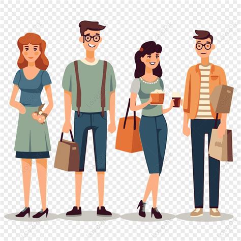 고객 클립 아트 흰색 배경 벡터 일러스트 레이 션 만화에 쇼핑백으로 쇼핑하는 젊은 사람들몸짓머리 장식 Png 일러스트 무료