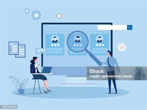비즈니스 팀 리서치 인력 채용 및 온라인 면접을 위한 프로필과 화상 회의 회의 Conceptflat 벡터 그림 개념에 대한 스톡 벡터 아트 및 기타 이미지 Istock