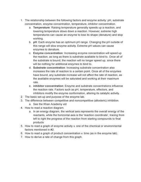Enzyme Quiz Notes The Relationship Between The Following Factors And Enzyme Activity PH