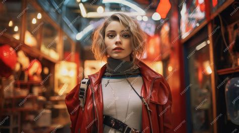 Premium Photo Woman In Red Leather Jacket Standing In Store