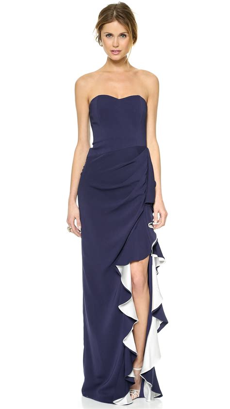Badgley Mischka Ruffle Slit Strapless Gown Navywhite In Navywhite