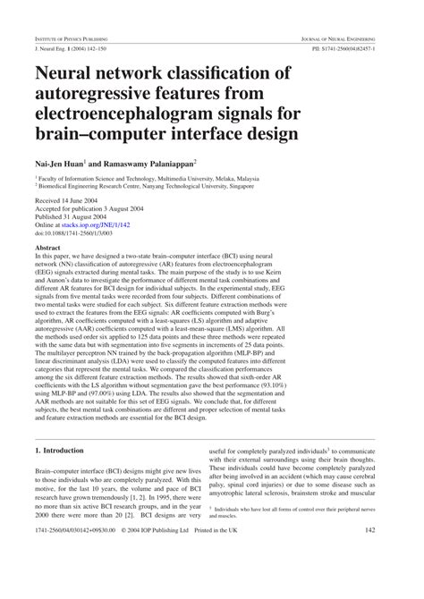 Pdf Neural Network Classification Of Autoregressive Features From Electroencephalogram Signals