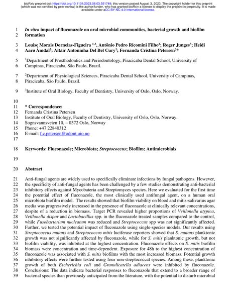 Pdf In Vitro Impact Of Fluconazole On Oral Microbial Communities Bacterial Growth And Biofilm