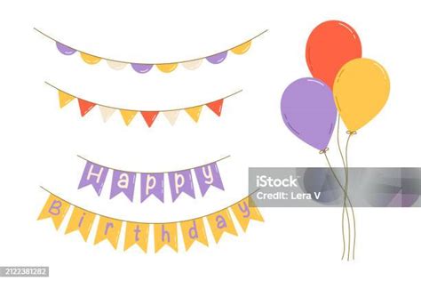 풍선이 있는 생일 축하 파티 깃발입니다 평면 벡터 고립 그림 개체 그룹에 대한 스톡 벡터 아트 및 기타 이미지 개체 그룹