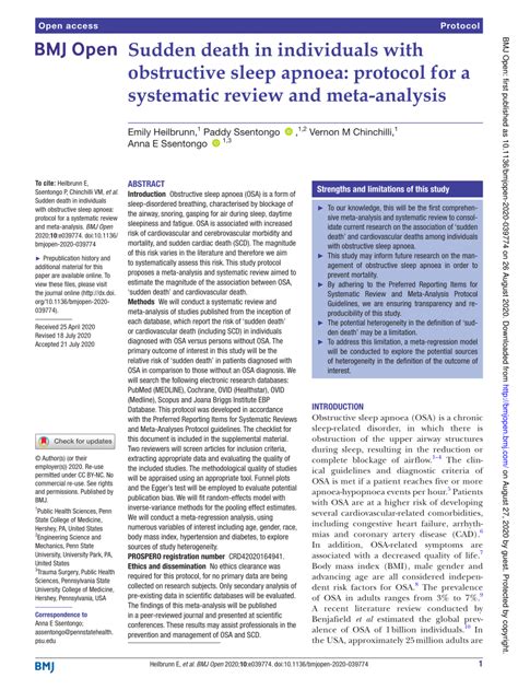 Pdf Sudden Death In Individuals With Obstructive Sleep Apnoea Protocol For A Systematic