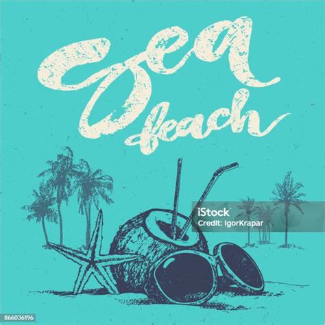 바다 해변 파티 손으로 그린 팜 코코넛 바다 스타 선글라스와 텍스트 0명에 대한 스톡 벡터 아트 및 기타 이미지 0명 개념 계절 Istock