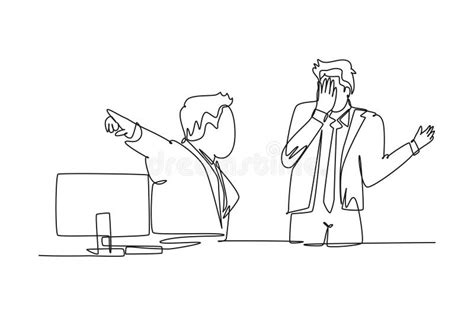 Continuous One Line Drawing Of Young Angry Male Manager Yelling And Drive Away His Crying Male