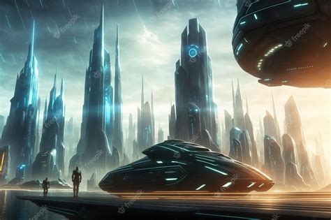 미래 스카이라인 건물 컨셉 아트 사이버 메타버스 도시가 있는 공상 과학 도시 프리미엄 사진