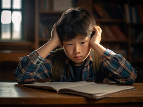Garoto Asiático Em Pose Dinâmica Emocional Na Escola Foto Premium
