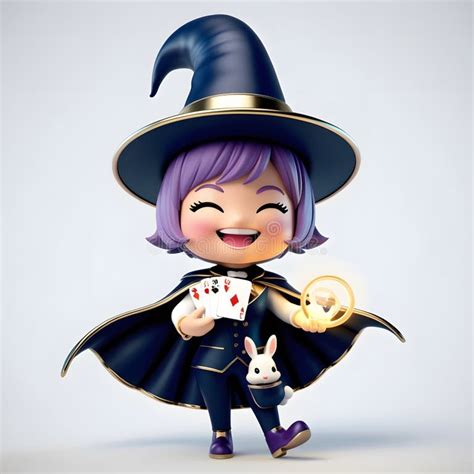 Chibi 3d Magician With Glowing Cards Isolated White Background Stock
